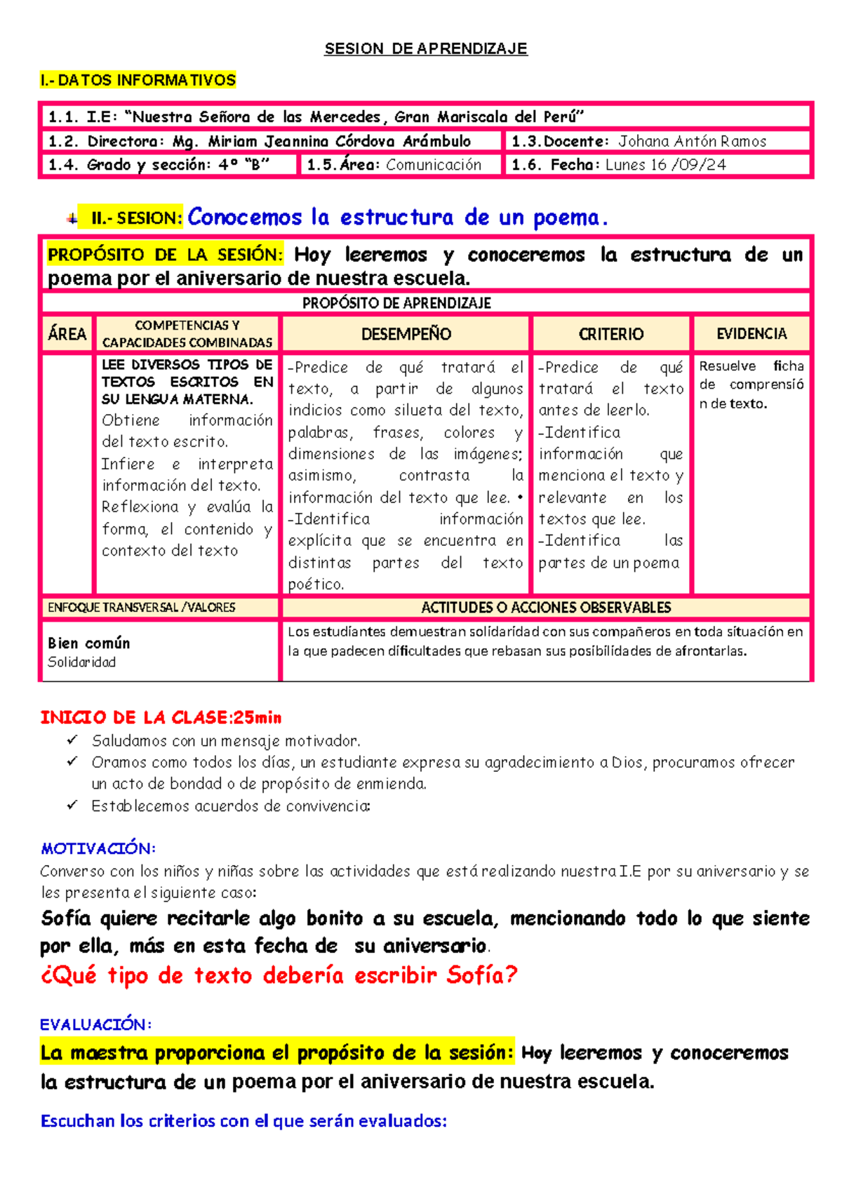 Sesion Conocemos LA Estructura DE UN Poema - SESION DE APRENDIZAJE I.- DATOS INFORMATIVOS 1. I ...