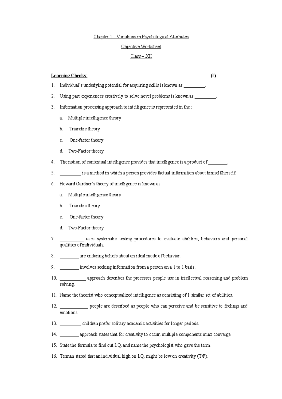 Chapter 1 - Objective Questions - Chapter 1 – Variations in ...
