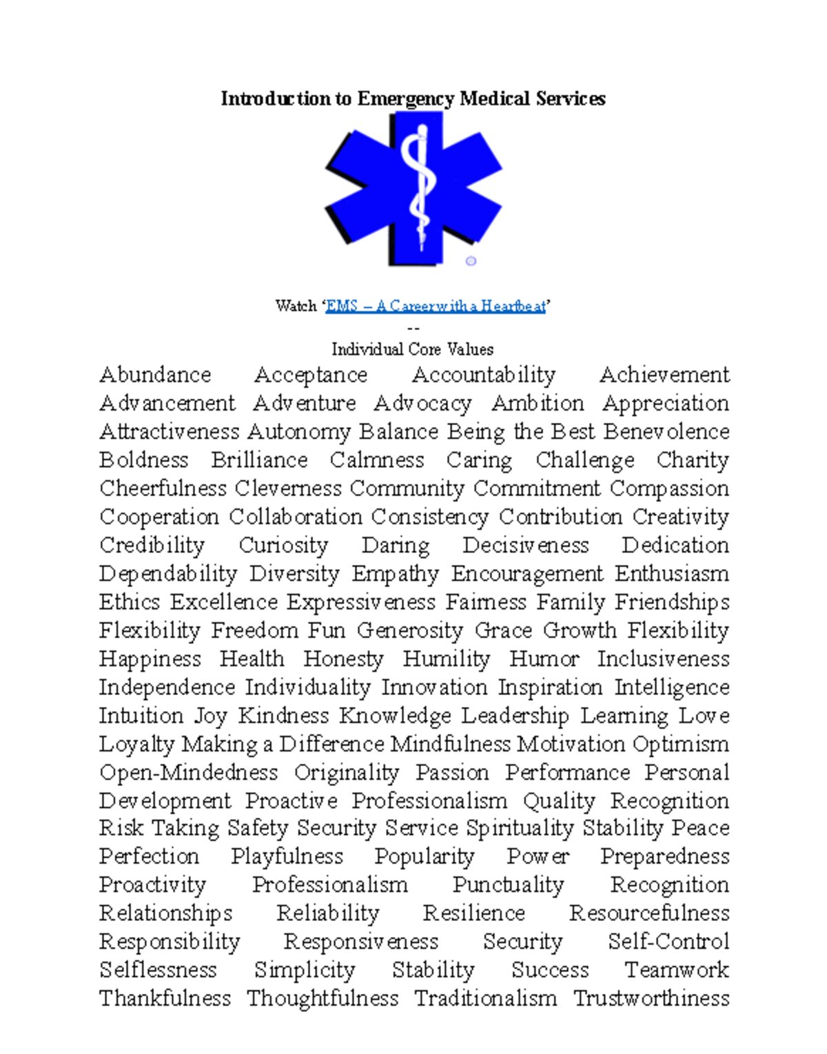 Core Values, Skills and Abilities Worksheet 2 - Introduction to ...