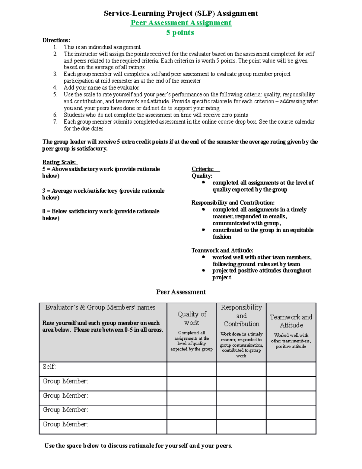 Peer Assessment - Template - Service-Learning Project (SLP) Assignment ...
