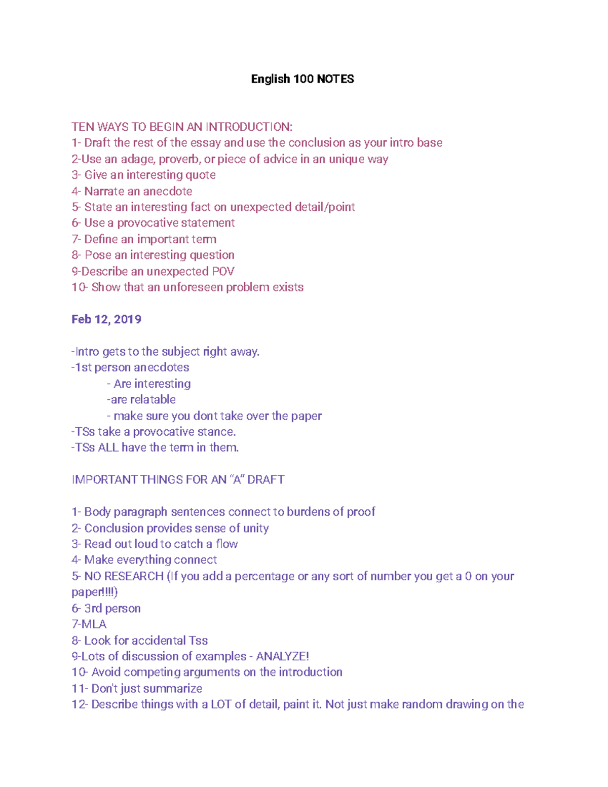 English 100 notes - English 100 NOTES TEN WAYS TO BEGIN AN INTRODUCTION ...