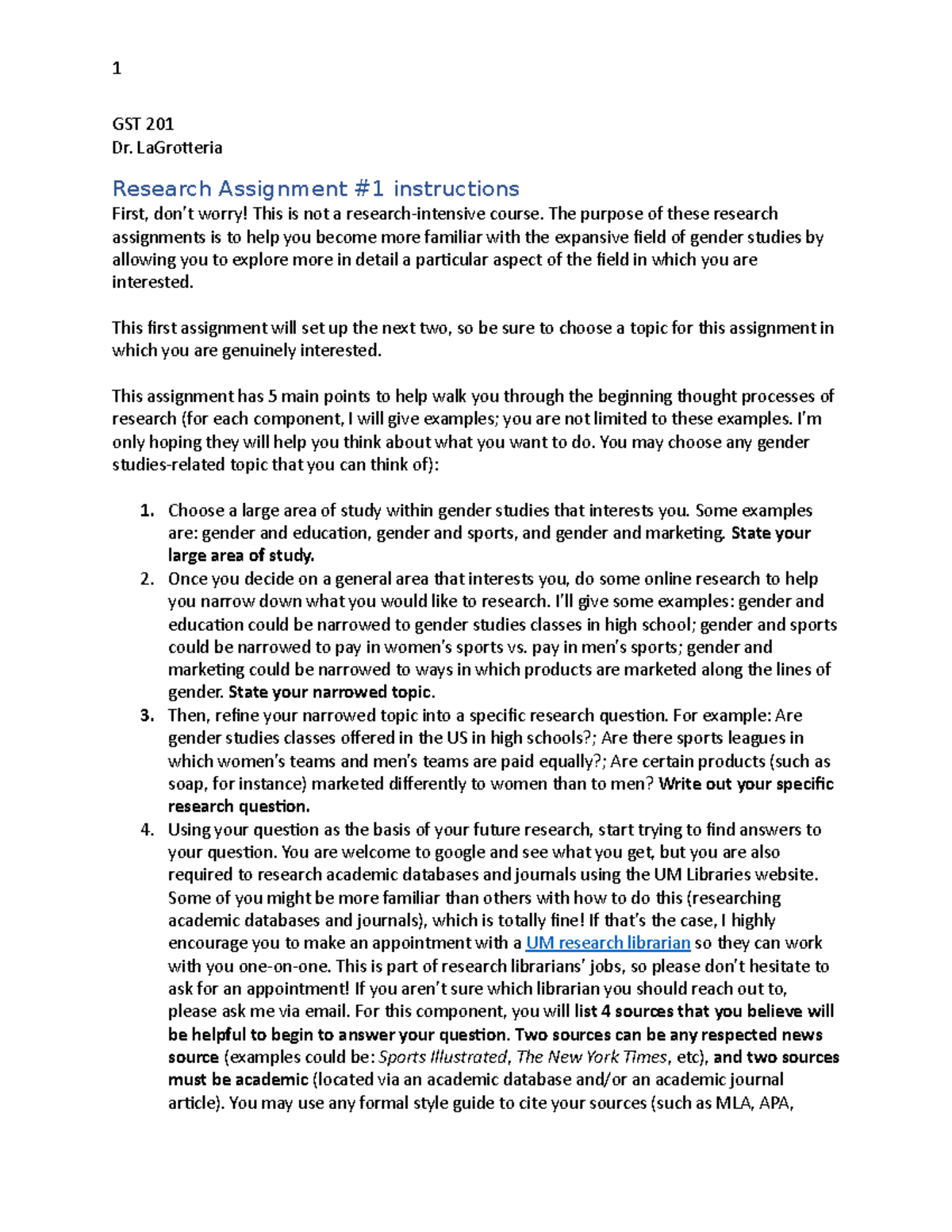 GST 201 Research Assignment #1 instructions - 1 GST 201 Dr. LaGrotteria ...