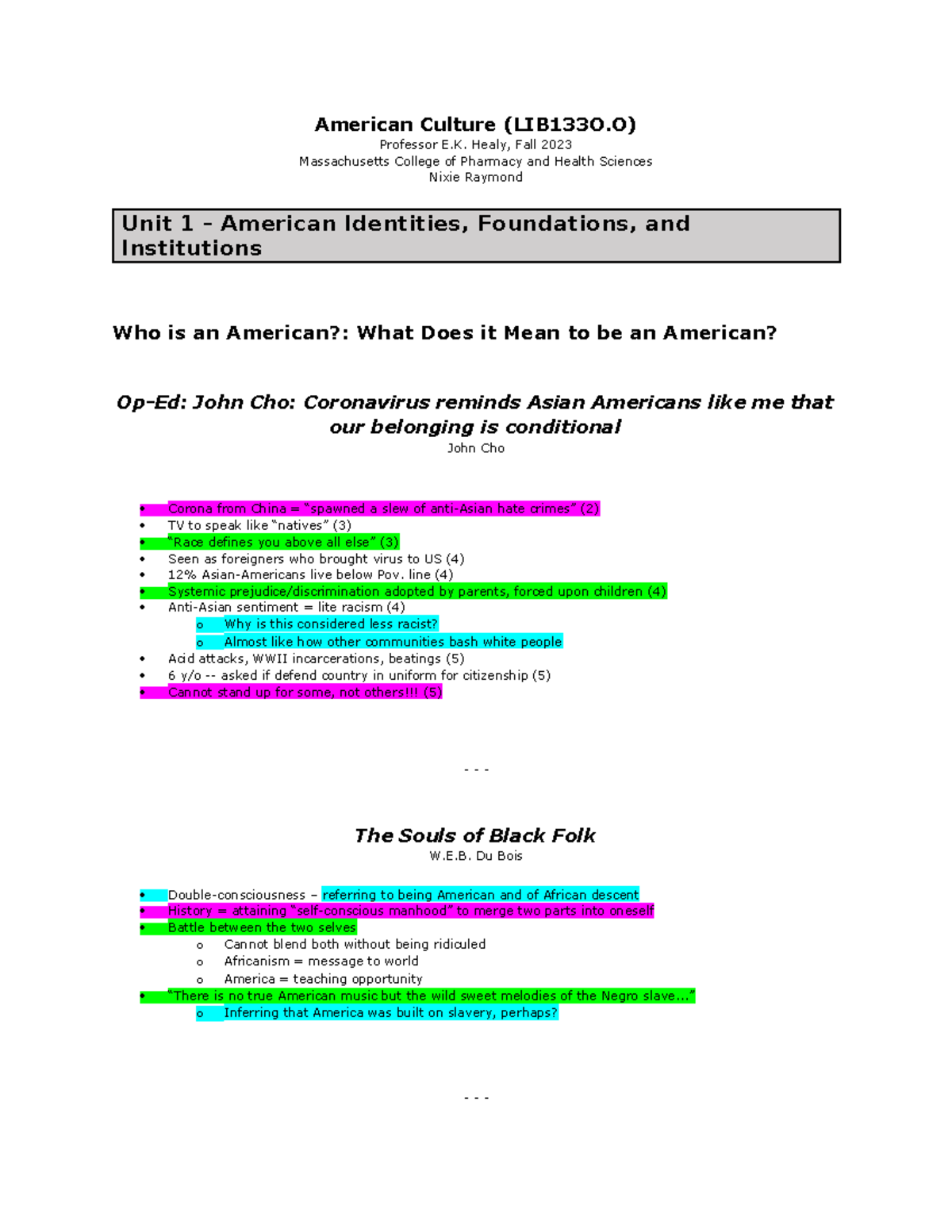 AC SG 1 - Nixie Raymond Fall 2023 - American Culture (LIB133O ...