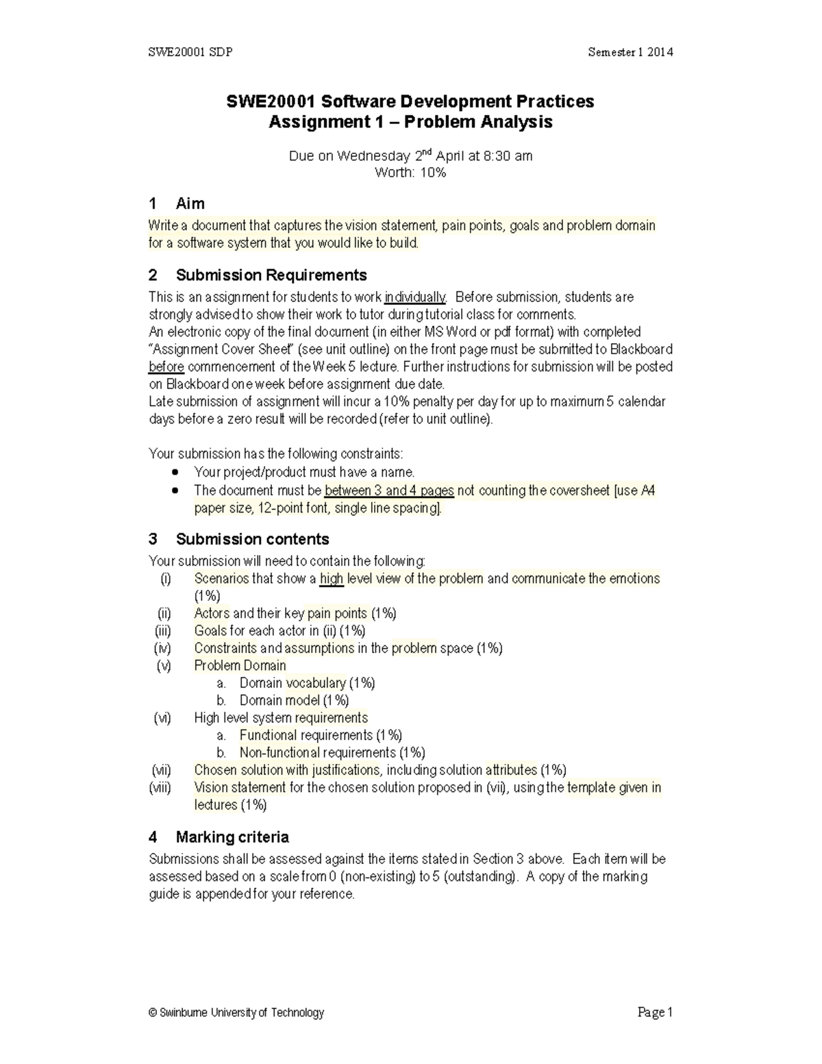 SWE2000 1 Assignment 01 2014 S1 - SDP Semester 1 2014 Software ...