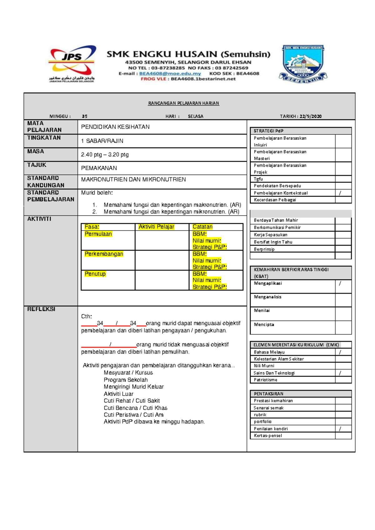 Contoh DSKP RPH - example rph - MINGGU : RANCANGAN PELAJARAN HARIAN 35 ...