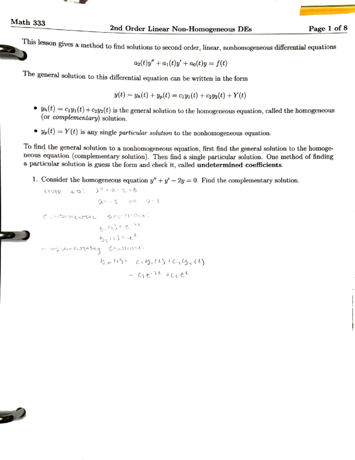2nd Order Linear Non-Homogeneous DEs - MATH 333 - Studocu