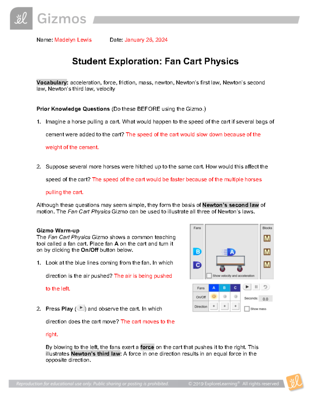 Fan Cart Physics SE - Name: Madelyn Lewis Date: January 26, 2024 ...
