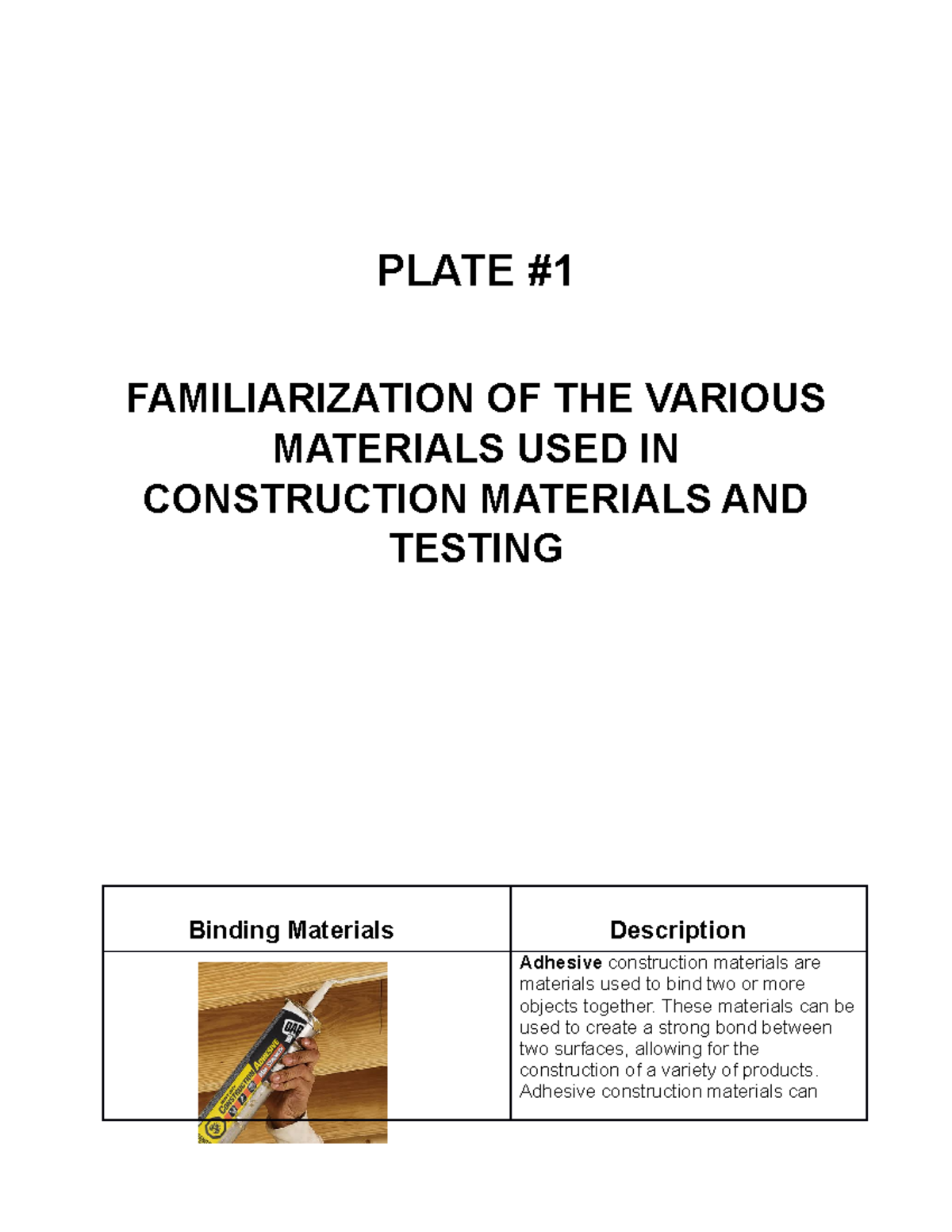 Plate 1 Construction Material Testing - PLATE FAMILIARIZATION OF THE ...