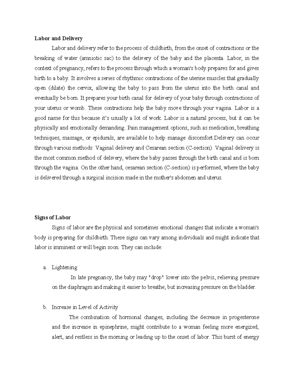 Labor and Delivery - Summary Maternal and Child Health Nursing - Labor ...