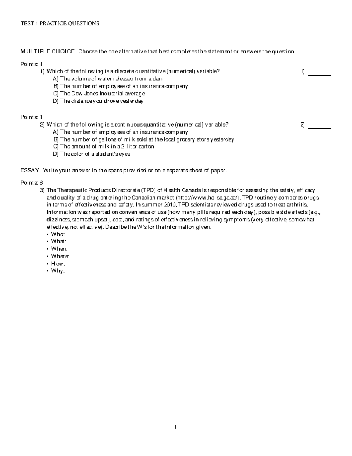STAS3000 Test 1 Practice Questions - TEST 1 PRACTICE QUESTIONS MULTIPLE ...