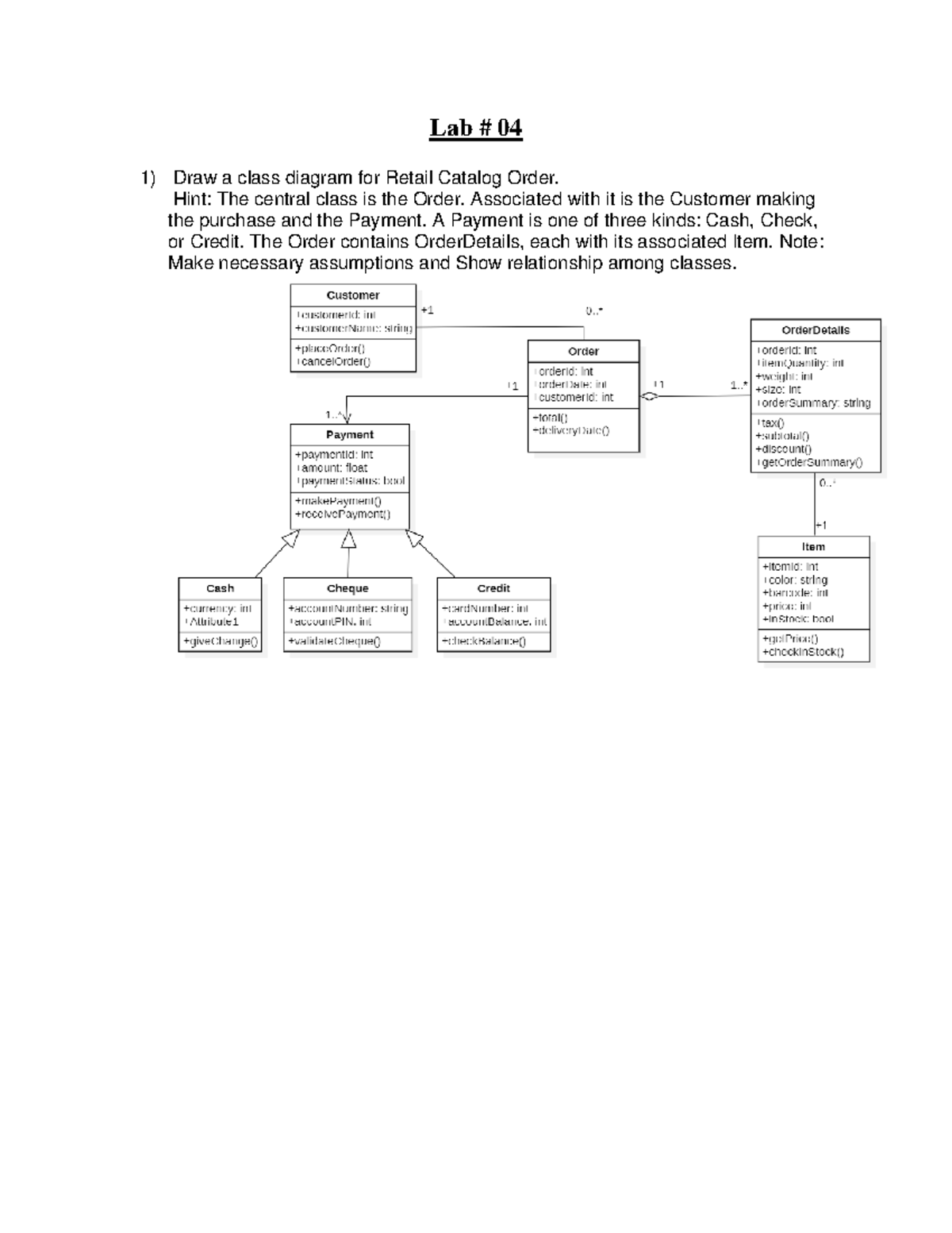 Sda labs (only for osamba) - Lab # 0 4 1) Draw a class diagram for Retail Catalog Order. Hint ...