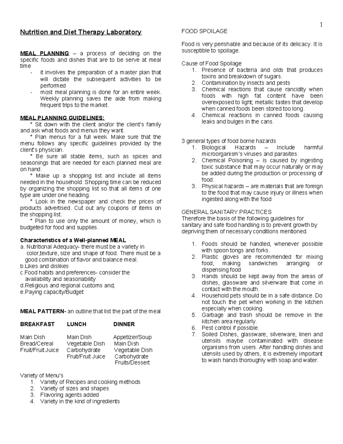 MEAL Planning - REFERENCE - Nutrition and Diet Therapy Laboratory MEAL ...