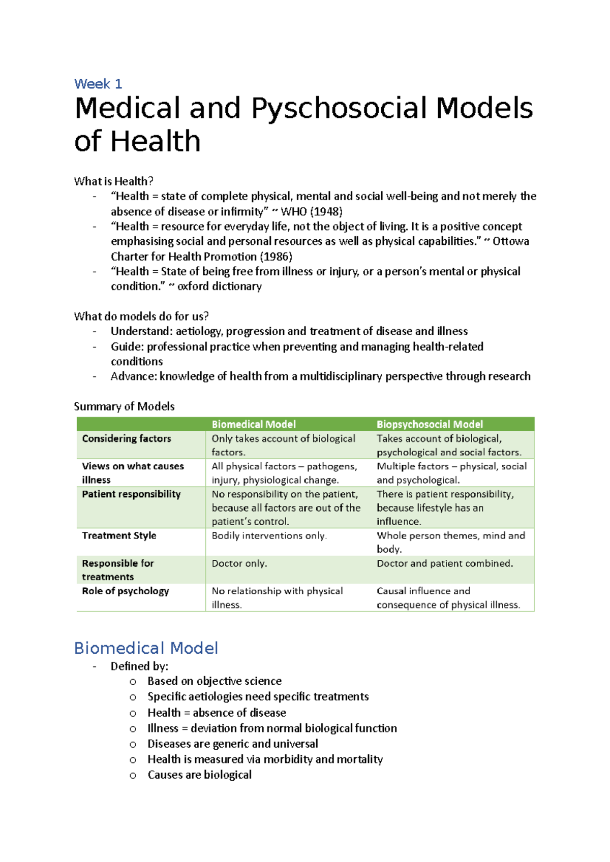 Week 1 - Medical and Pyschosocial Models of Health - Week 1 Medical and ...