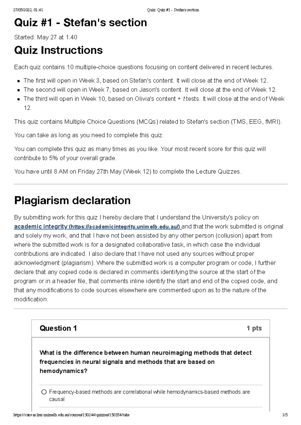 Quiz Quiz #1 - Stefan's section - Quiz #1 - Stefan's section Started ...