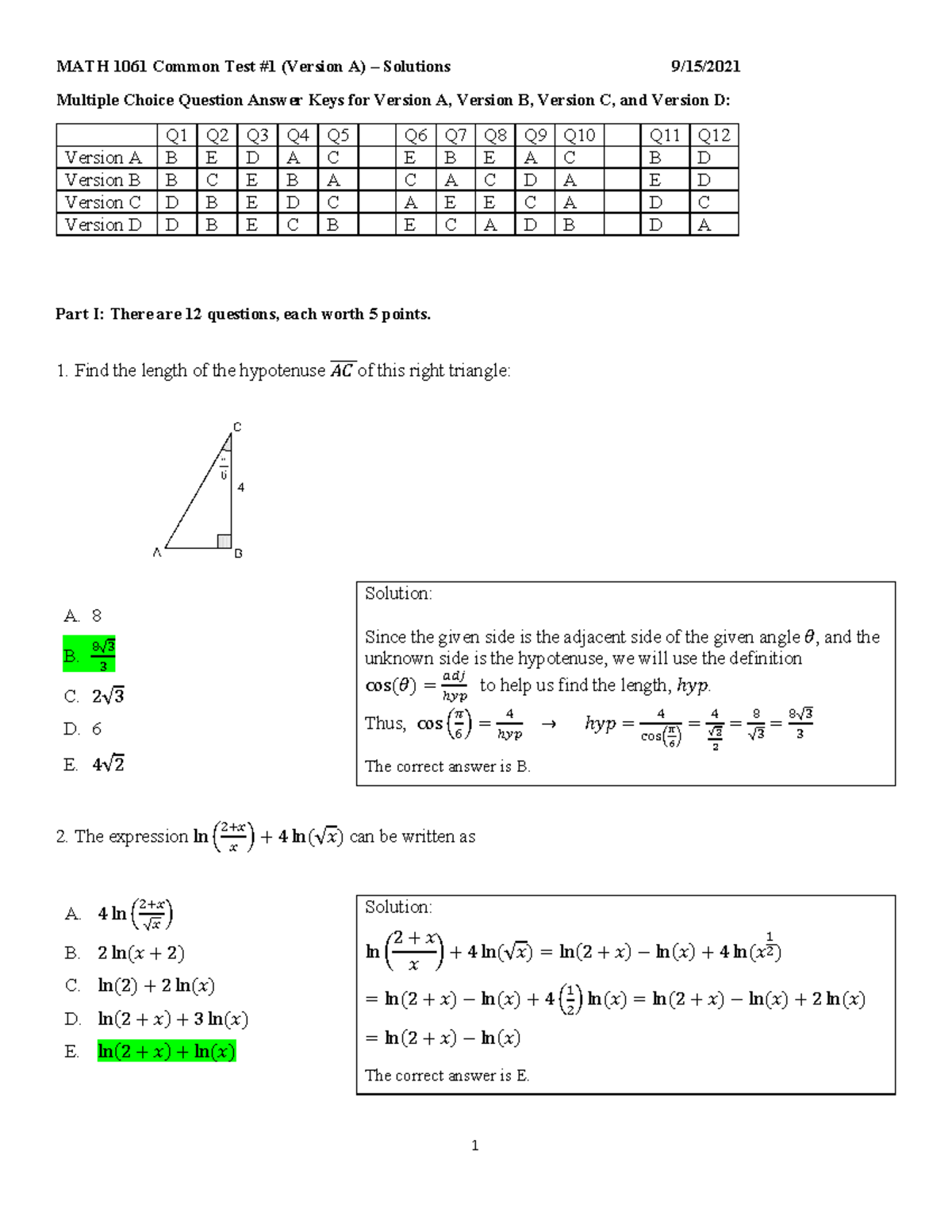 MATH1061 Test 1 Solutions 2021 Fall - MATH 1061 Common Test #1 (Version ...