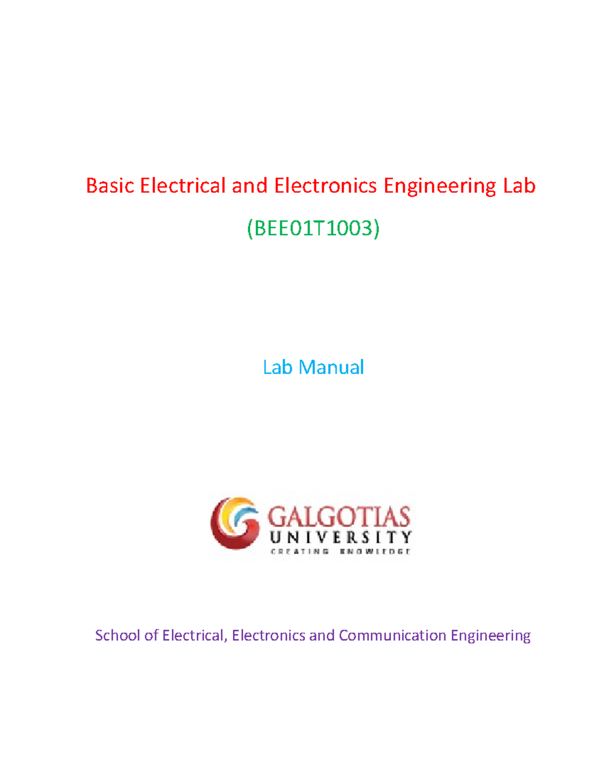 BEE01T1003-Lab Manual - Basic Electrical and Electronics Engineering Lab (BEE01T1003) Lab Manual ...