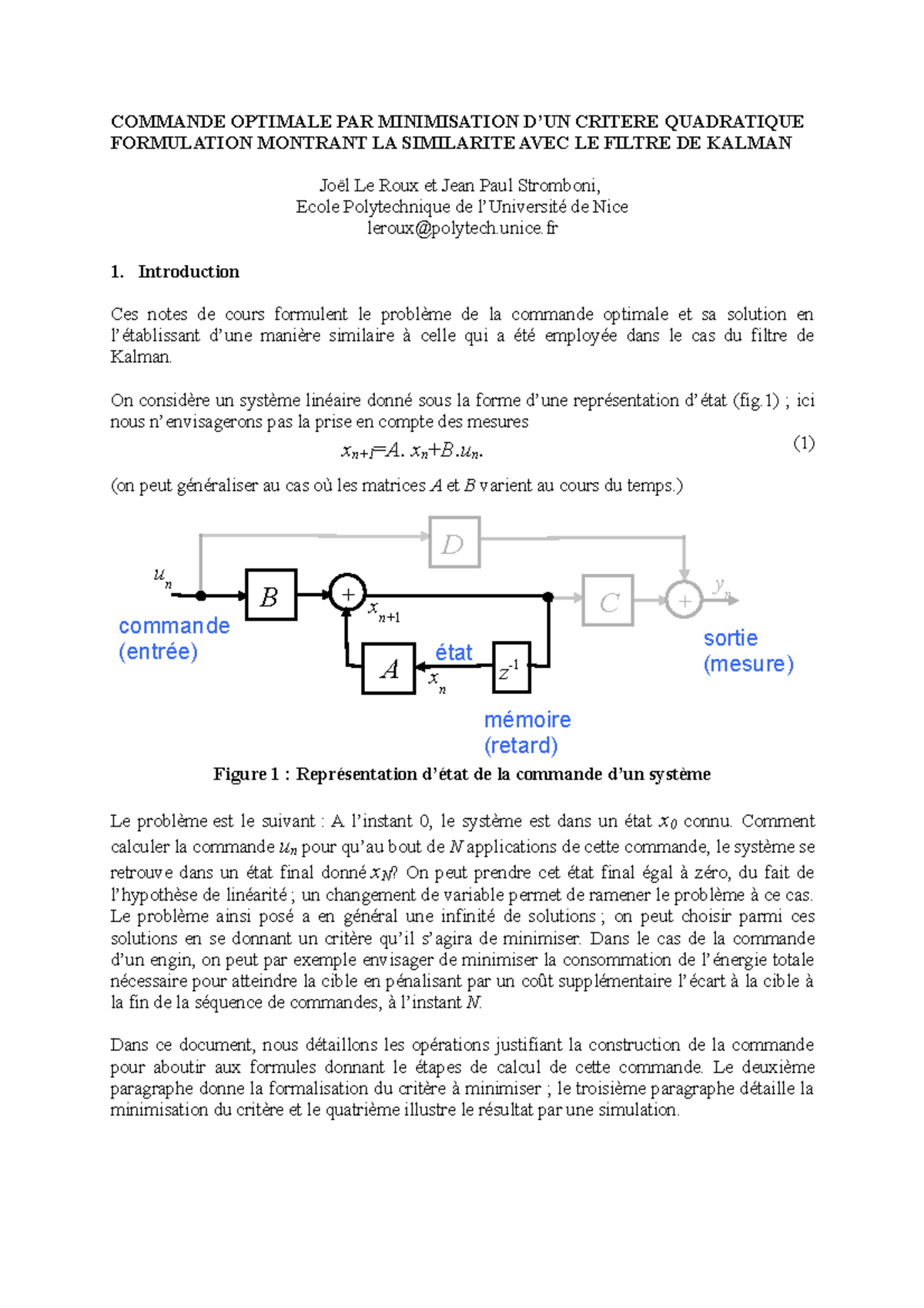 Commande Optimale - COMMANDE OPTIMALE PAR MINIMISATION D’UN CRITERE QUADRATIQUE FORMULATION ...