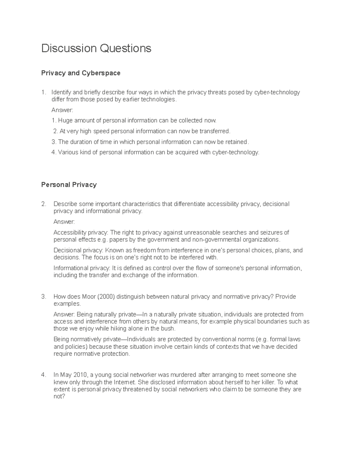 Discussion Questions Privacy and Cyberspace - Studocu