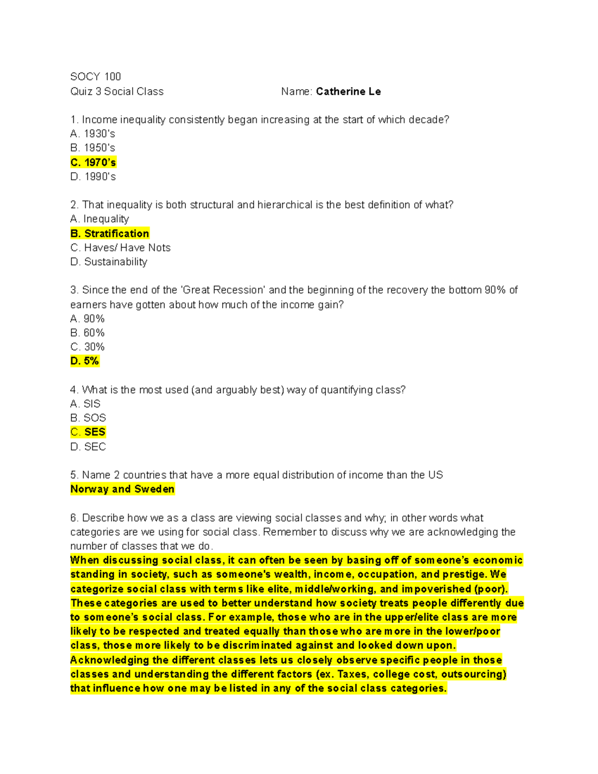 SOCY 100 Quiz 3 - sociology - SOCY 100 Quiz 3 Social Class Name ...