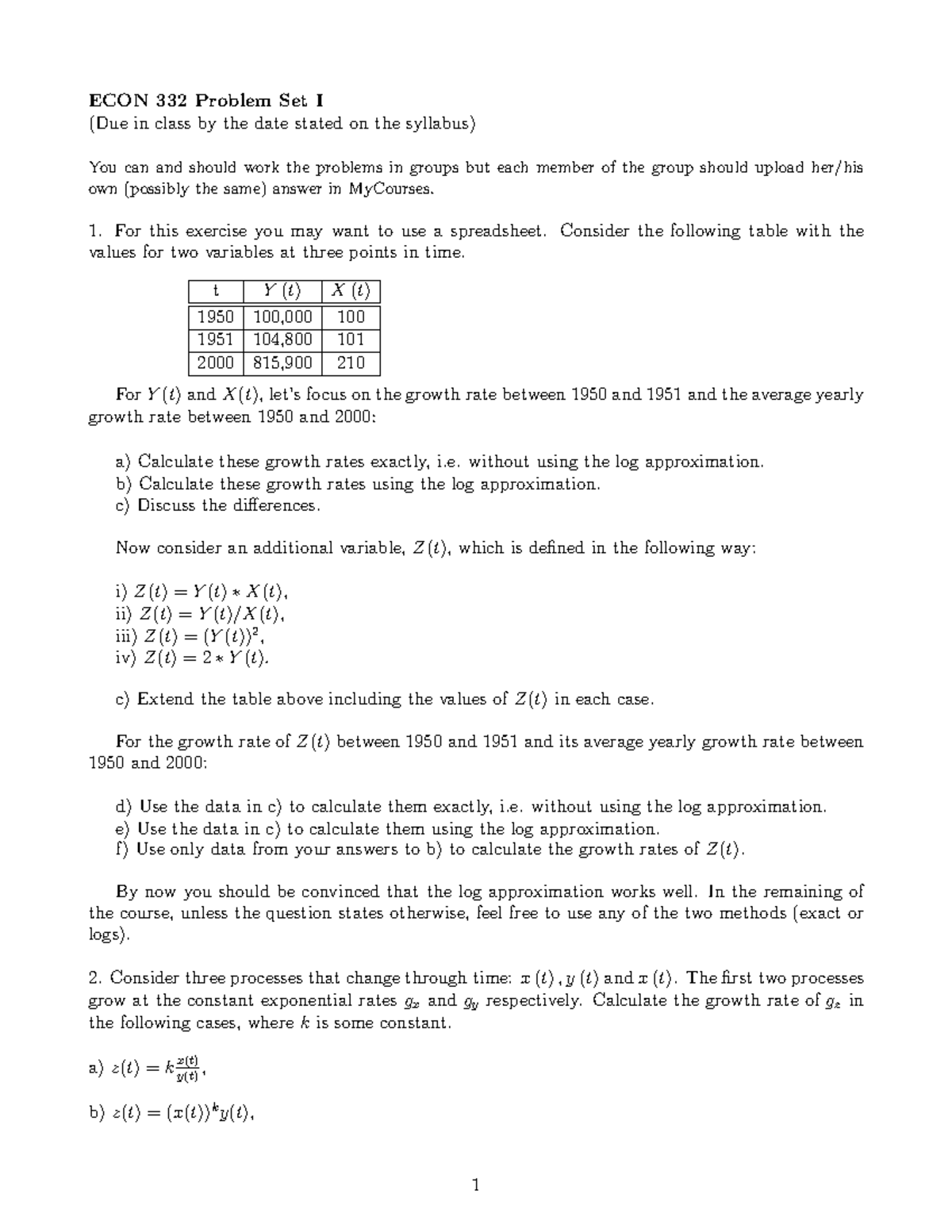 1 Econ 332 HW 1 - sample - ECON 332 Problem Set I (Due in class by the date stated on the ...