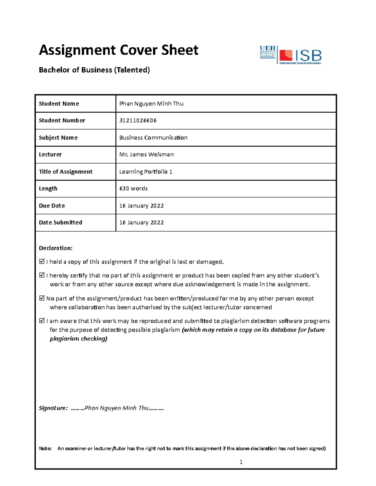 LP1-Business Communication - Assignment Cover Sheet Bachelor of ...