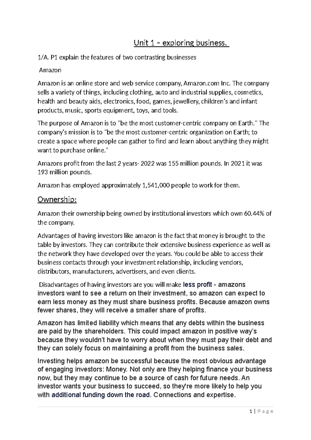 Unit 1 Exploring Business P1 Unit 1 Exploring Business 1 A P1 Explain The Features Of Two