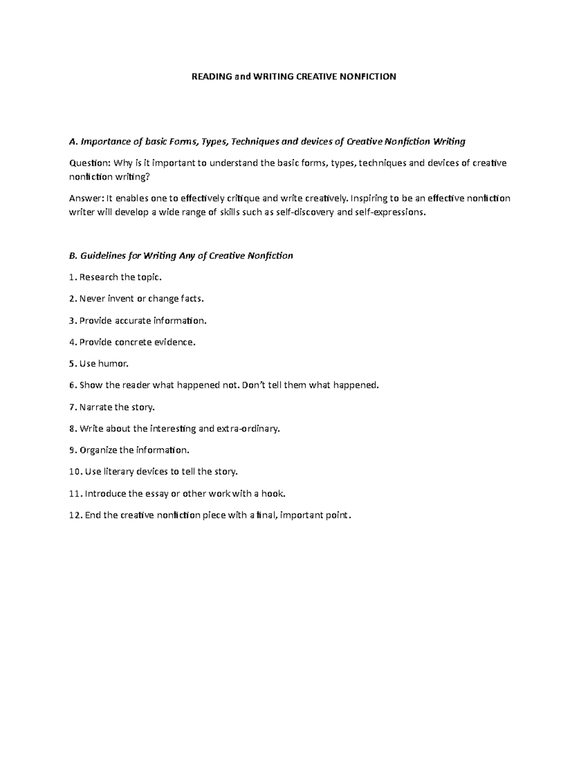 Reading and writing creative nonfiction - READING and WRITING CREATIVE ...