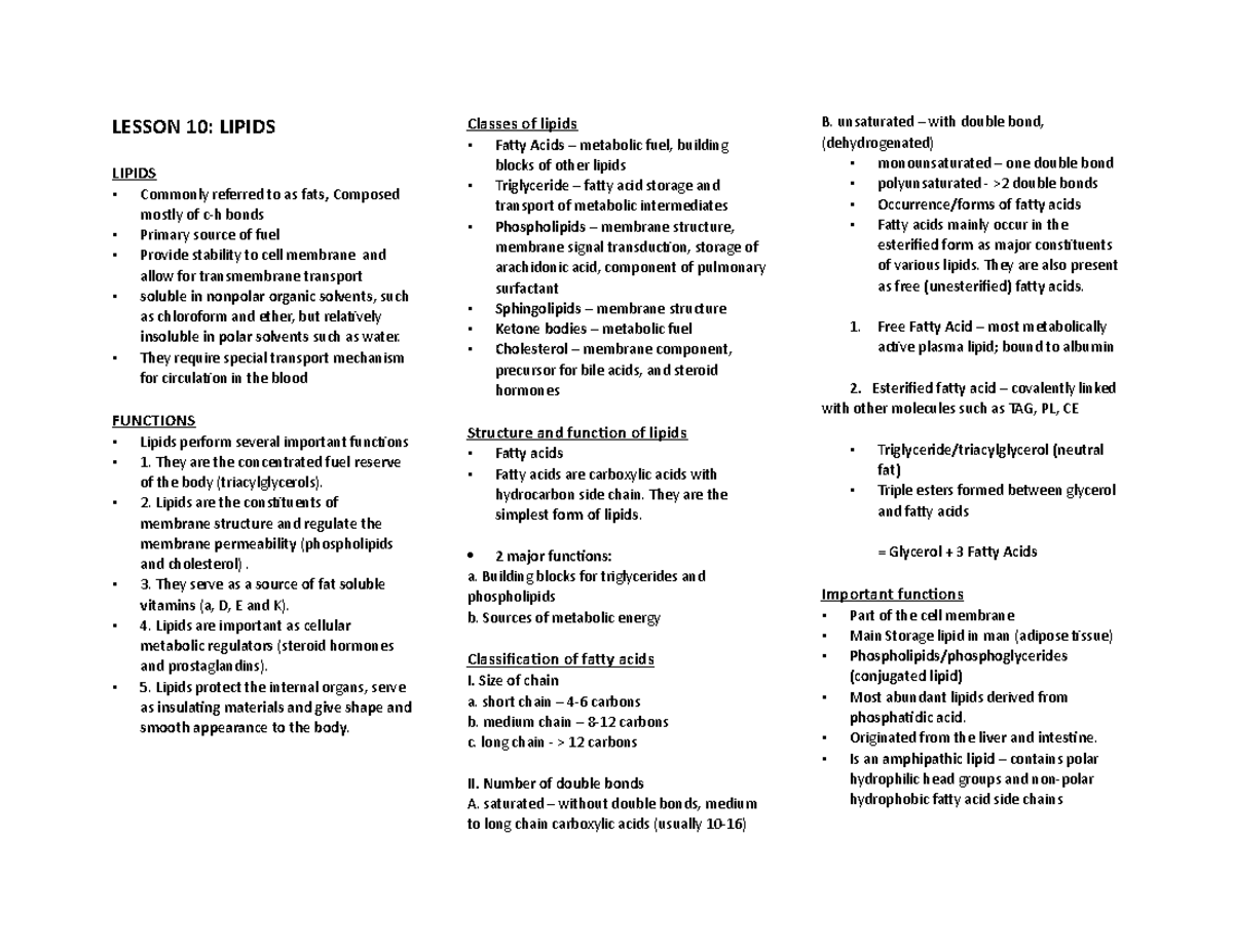 Chemistry- Lesson 10 - LESSON 10: LIPIDS LIPIDS • • • • • Commonly ...