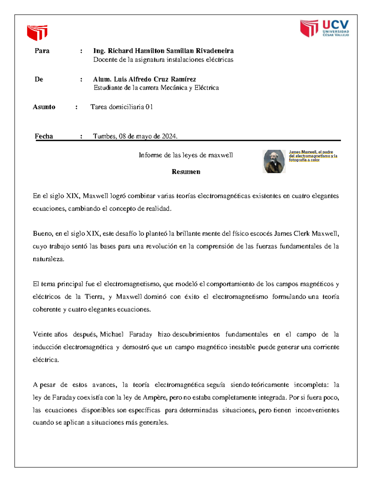 Informe - Leyes DE Maswell - Para : Ing. Richard Hamilton Samillan ...