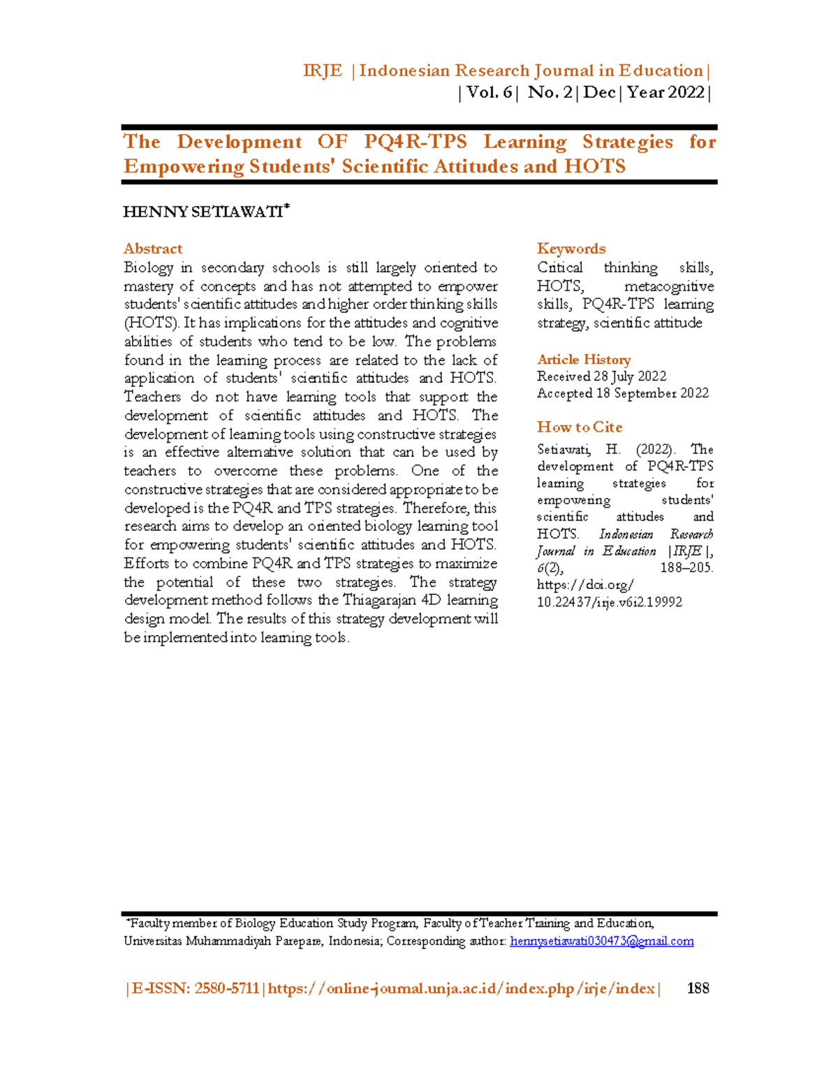 The Development OF PQ4R-TPS Learning Strategies for Empowering Students' Scientific Attitudes ...