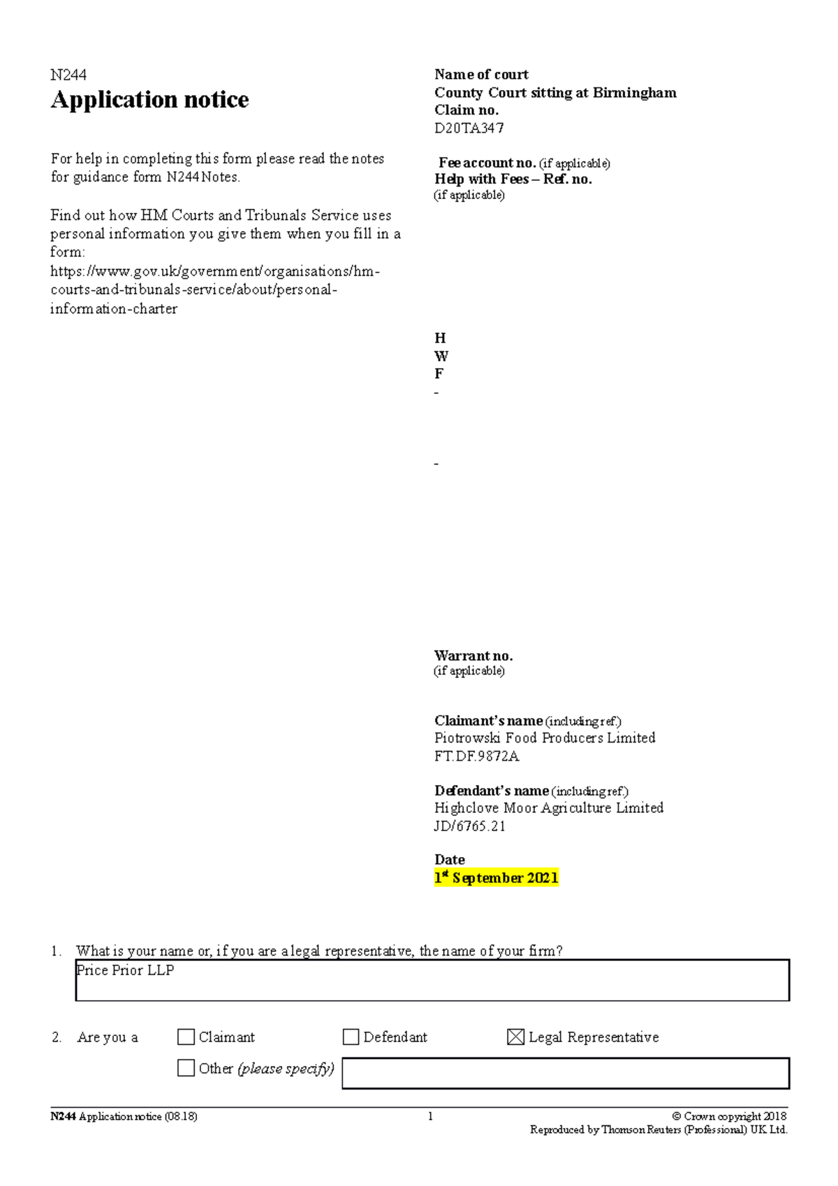 Application Notice (set aside) - N Application notice For help in ...