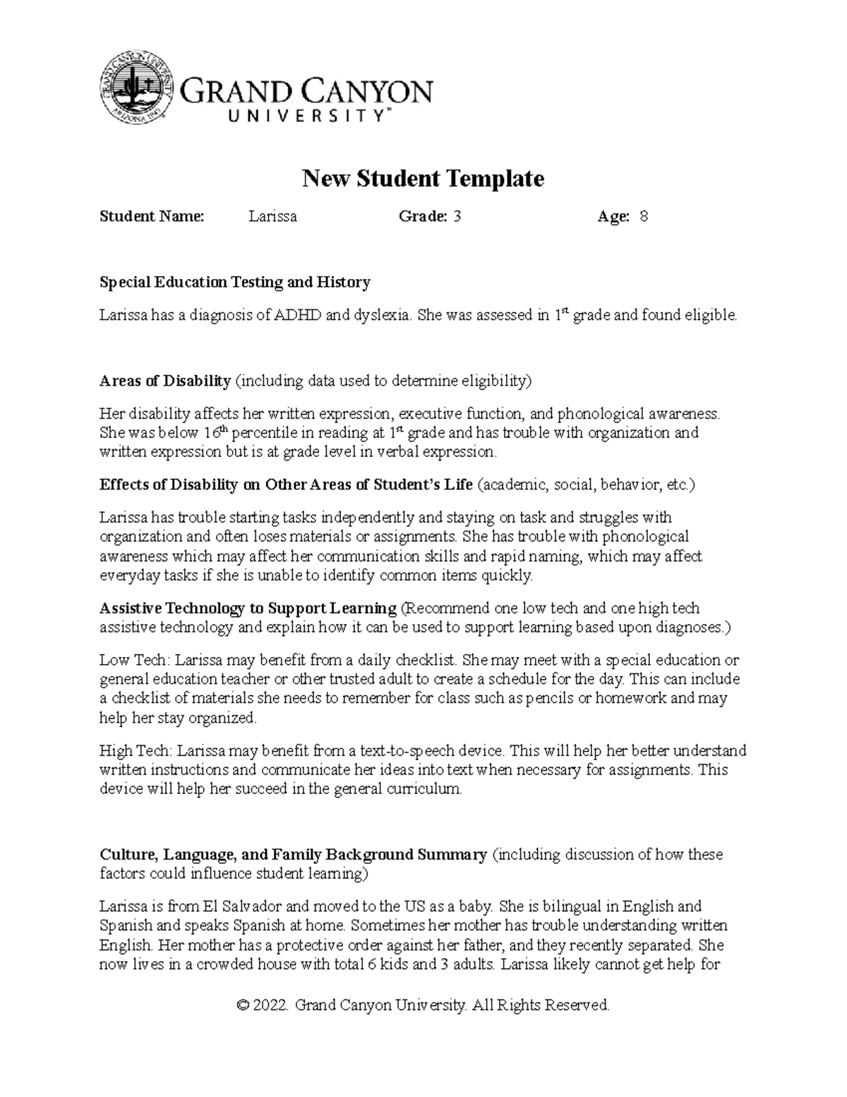 Student Profile: Larissa - Grade 3 ADHD Dyslexia - Studocu