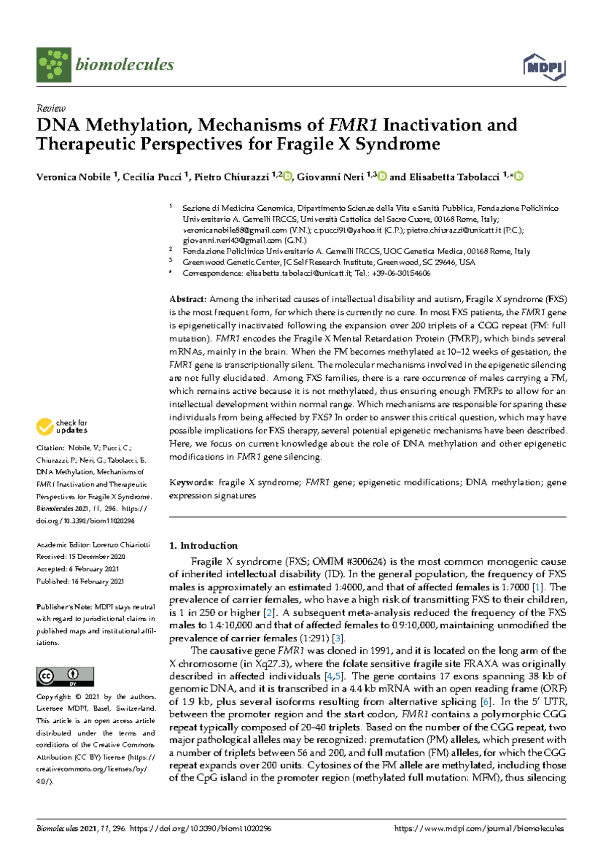 DNA Methylation, Mechanisms of FMR1 Inactivation and Therapeutic ...