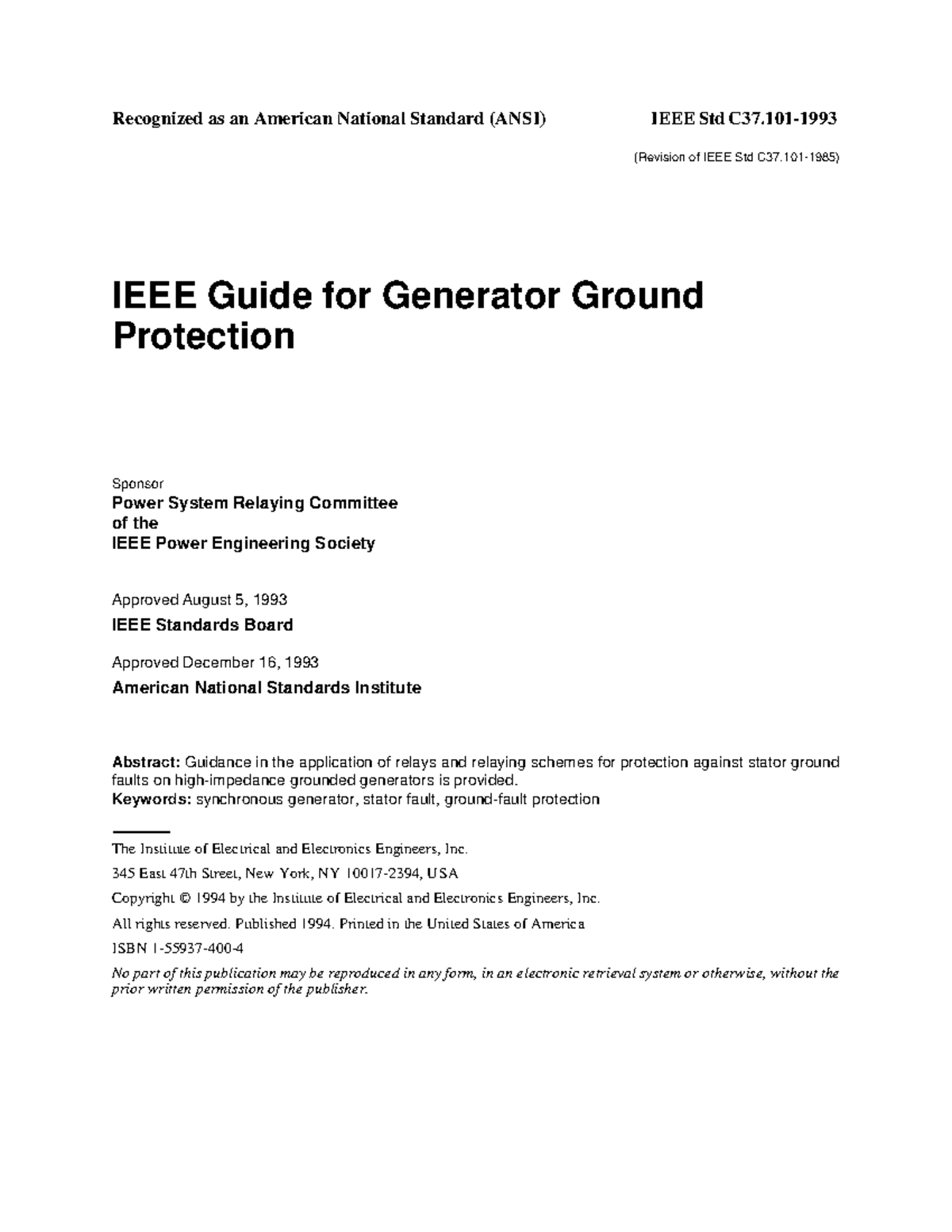 IEEE Std37-101 1994 Guide for generator ground protection - Recognized as an American National ...