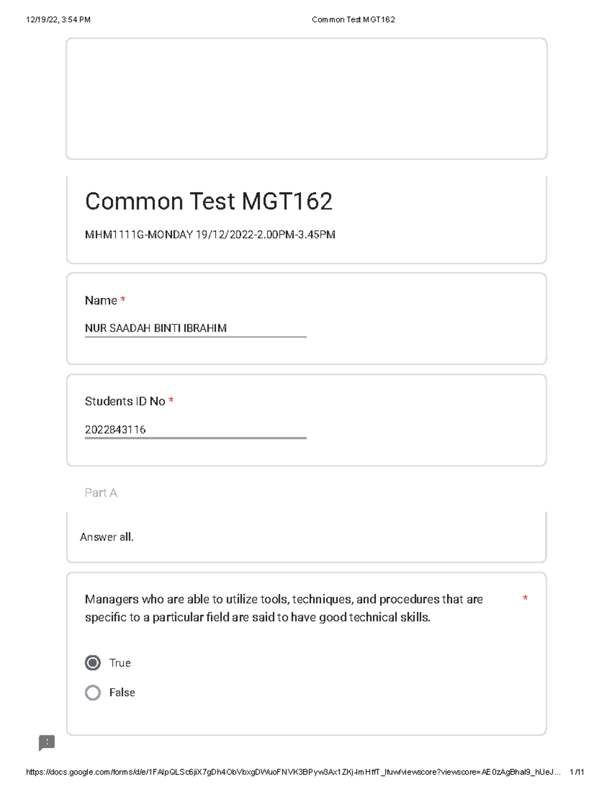 Common Test MGT162 - NUR SAADAH BINTI IBRAHIM 2022843116 Part A Answer ...
