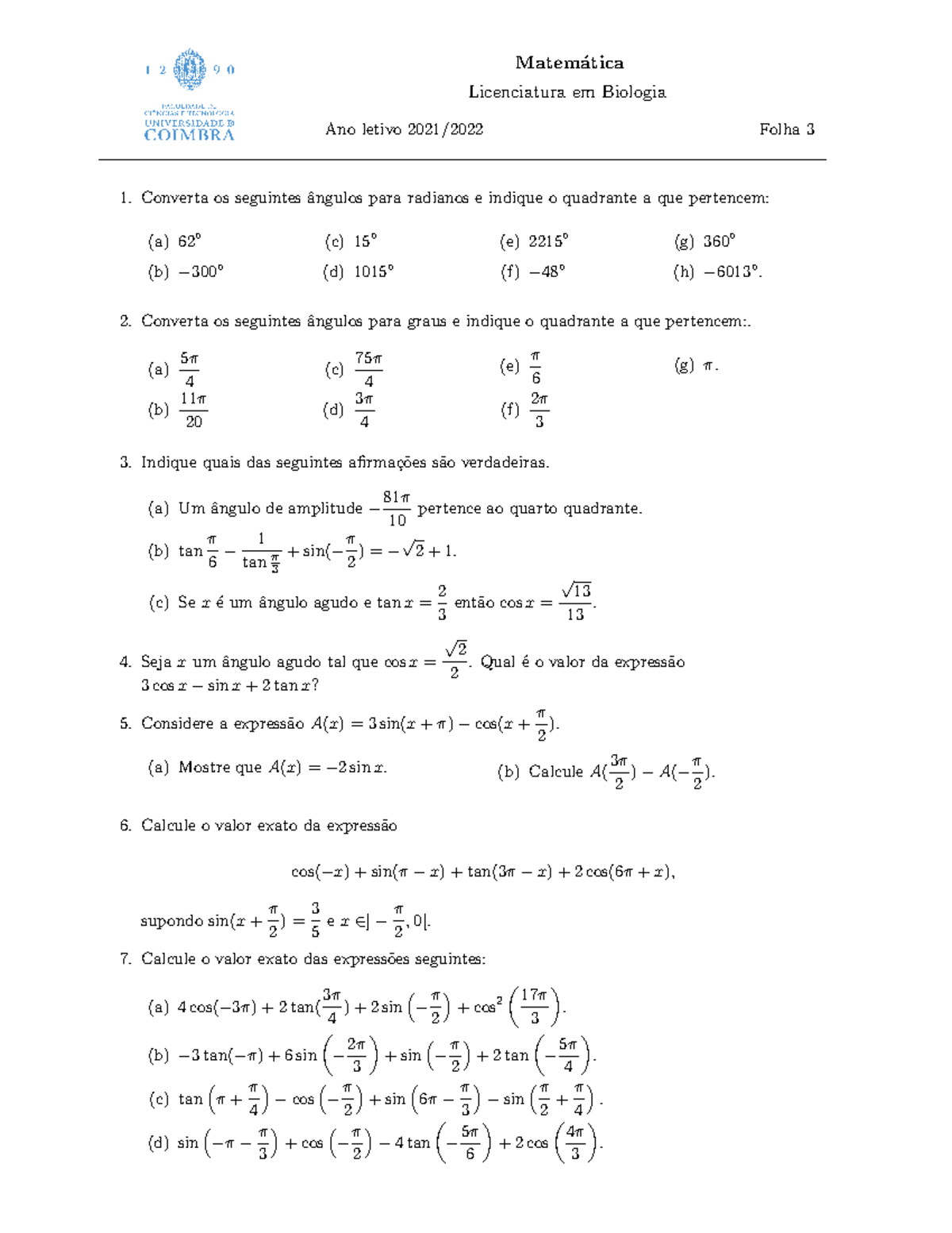 Folha 3 - fgv gghgh - Matem ́atica Licenciatura em Biologia Ano letivo ...