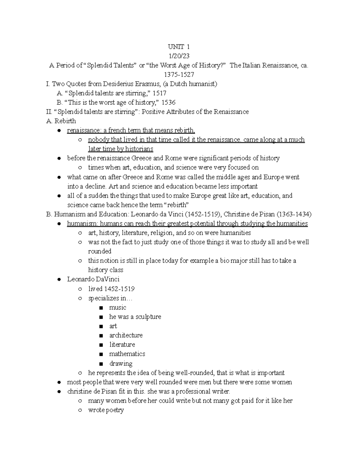 106Sp23-1-Renaissance Outline (1) UNIT 1 - UNIT 1 1/20/ A Period of ...