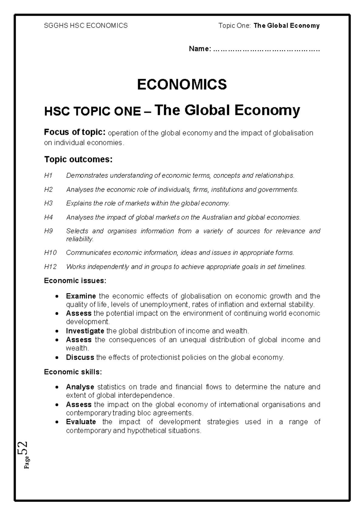 Topic 1 the global economy - 52 Name ...