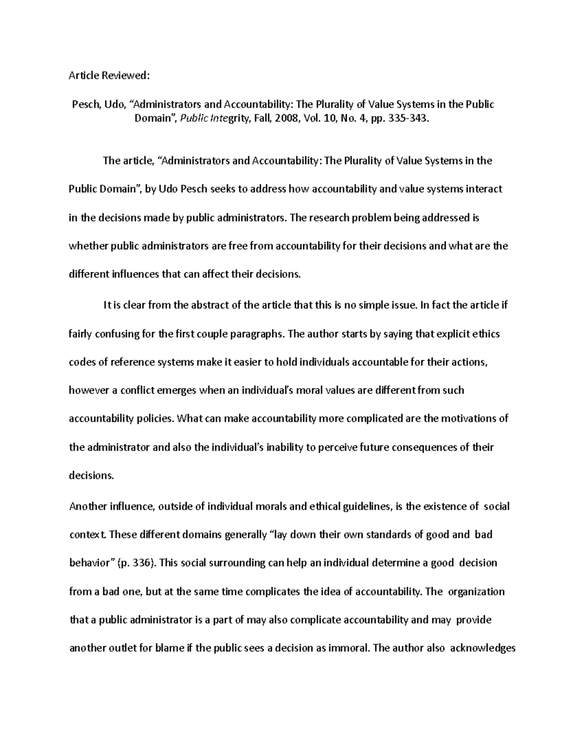 Journal article critique example copy 2 - Article Reviewed: Pesch, Udo ...