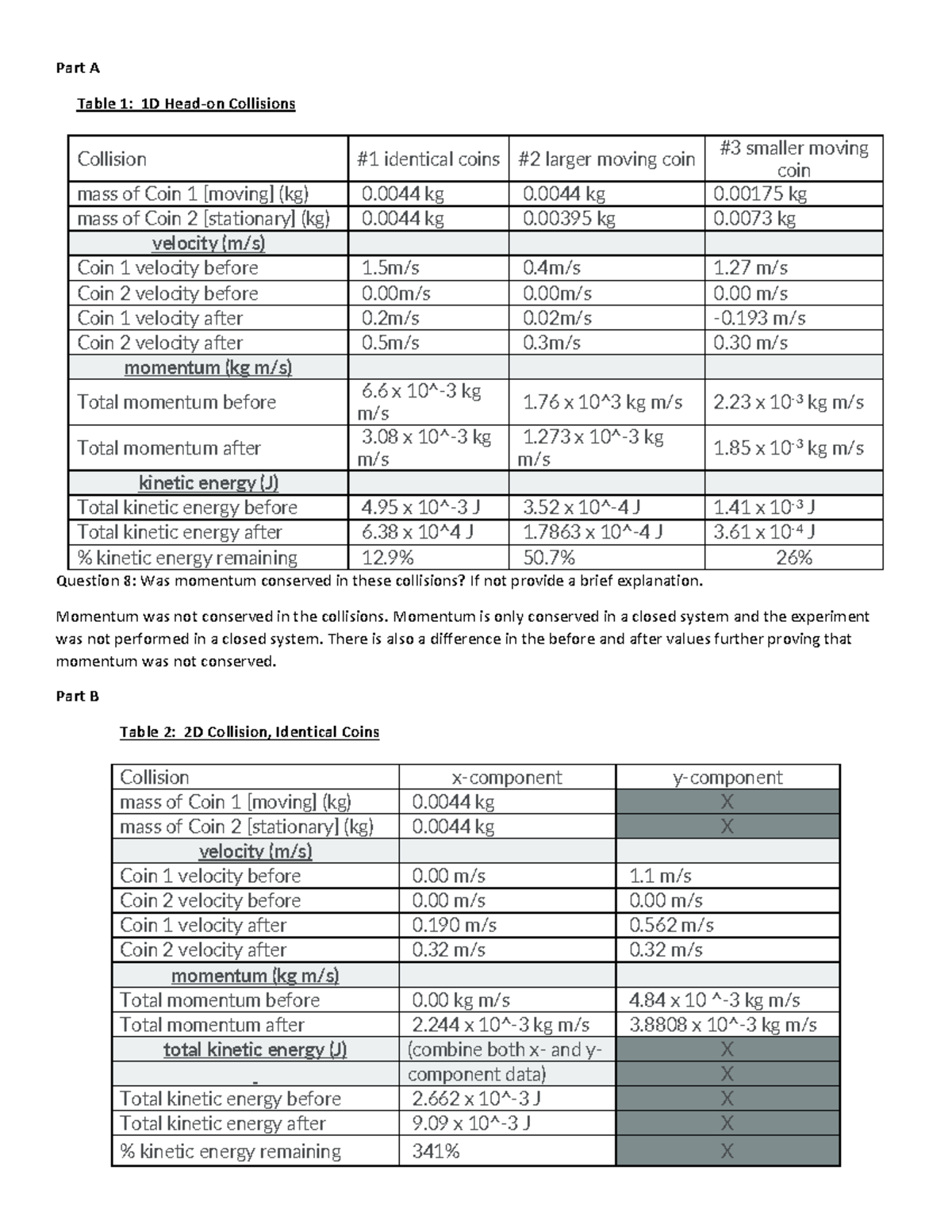 Student Tables of Collisions - Part A Table 1: 1D Head-on Collisions ...