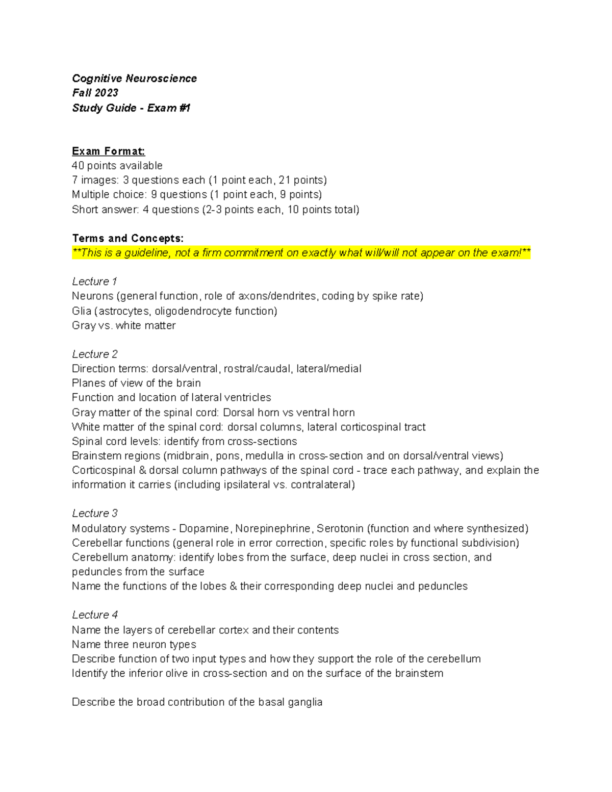 Exam 1 Study Guide Key - Cognitive Neuroscience Fall 2023 Study Guide ...