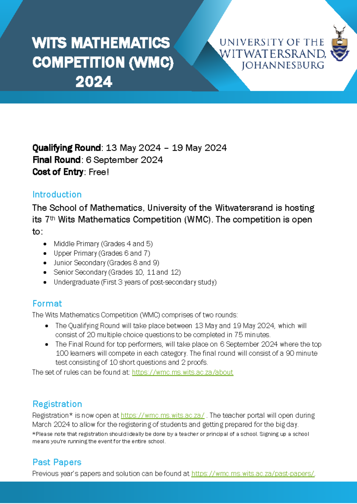 WMC 2024 Invite - WITS MATHEMATICS COMPETITION (WMC) 2024 Qualifying ...
