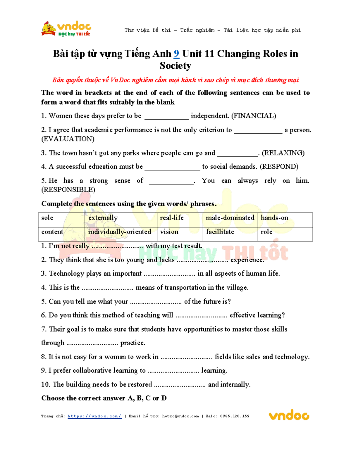 Bai tap tu vung tieng anh 9 unit 11 changing roles in society - Bài tập từ vựng Tiếng Anh 9 Unit ...