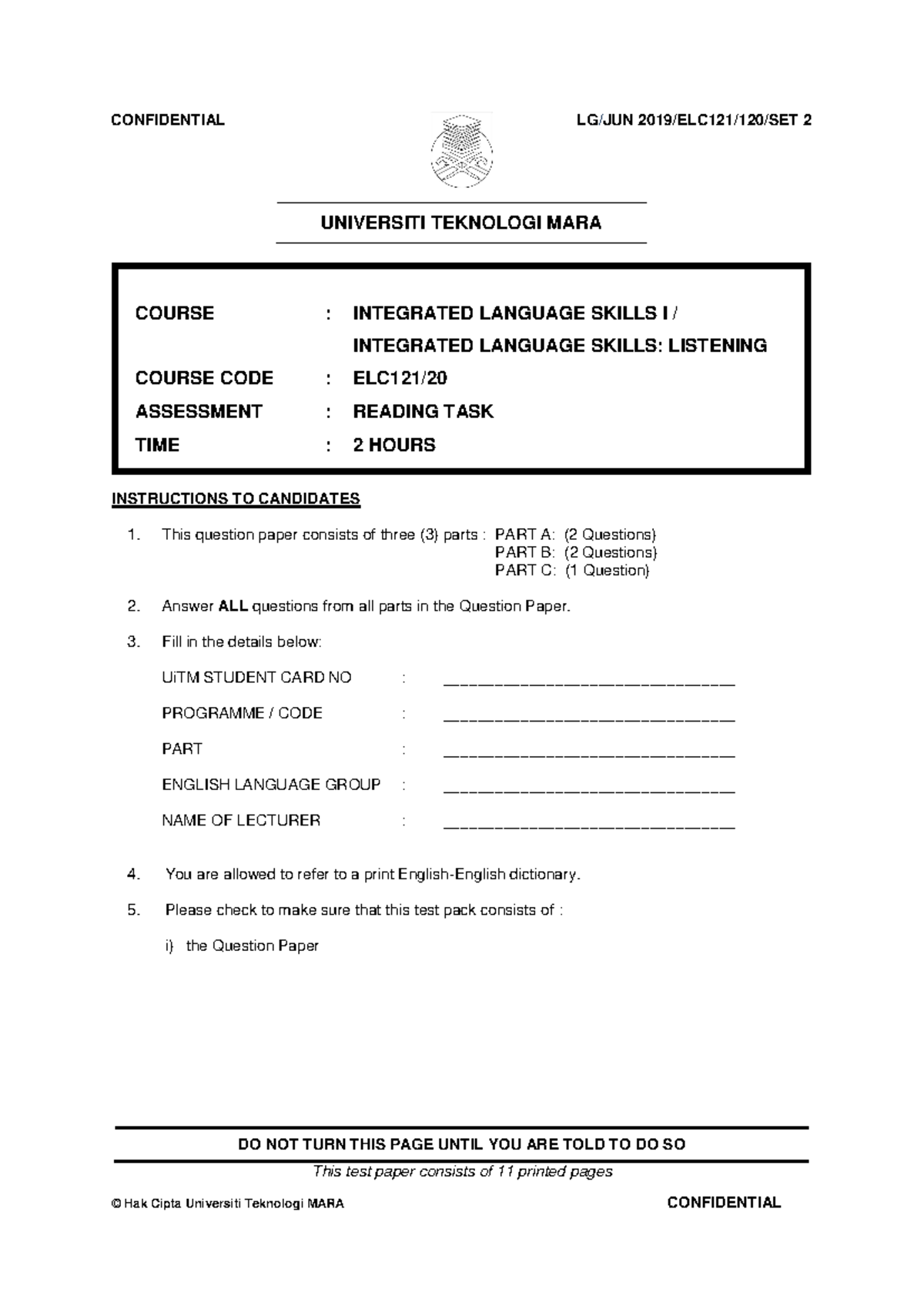 ELC121 JUN 2019 Reading TEST SET 2 - UNIVERSITI TEKNOLOGI MARA COURSE ...