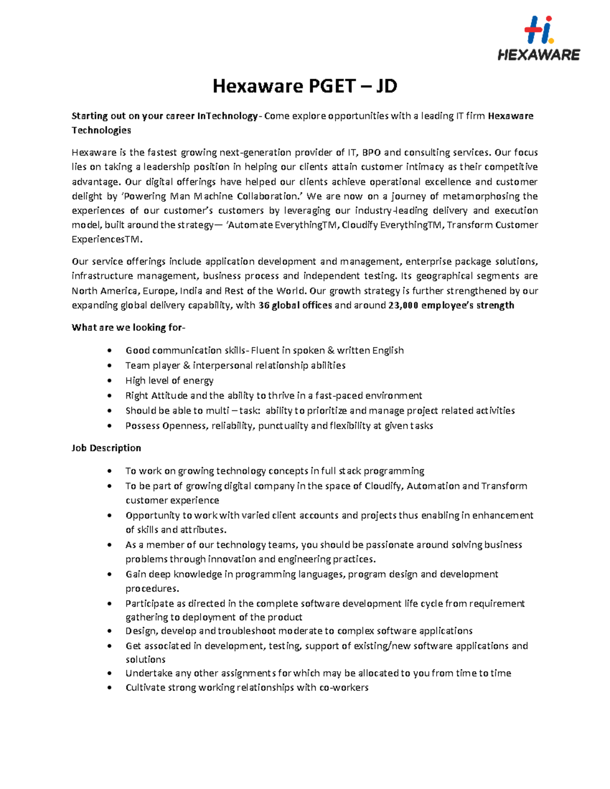 JD-for-PGET - Notes - Hexaware PGET – JD Starting out on your career ...