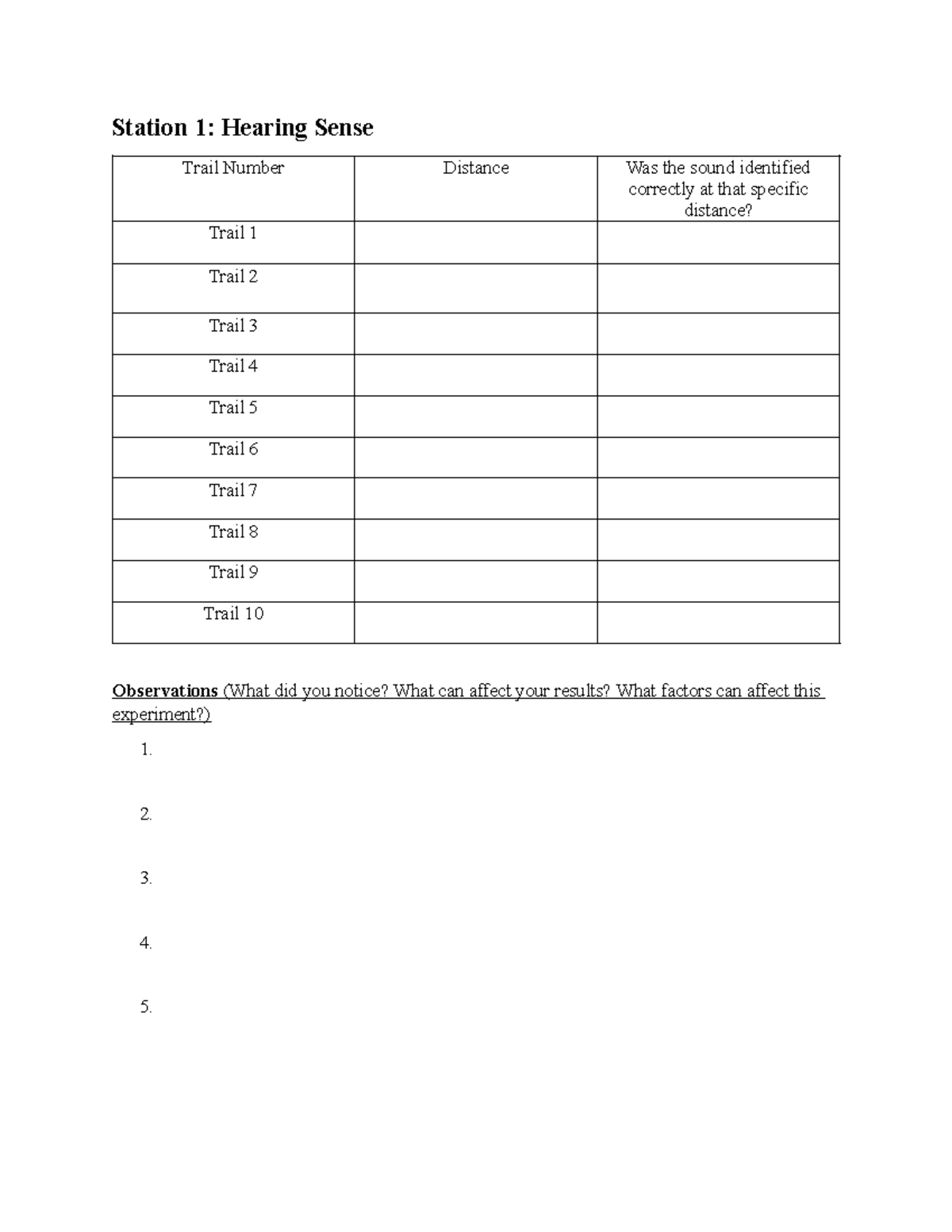 Scientific Method Data Collection worksheets - Station 1: Hearing Sense ...