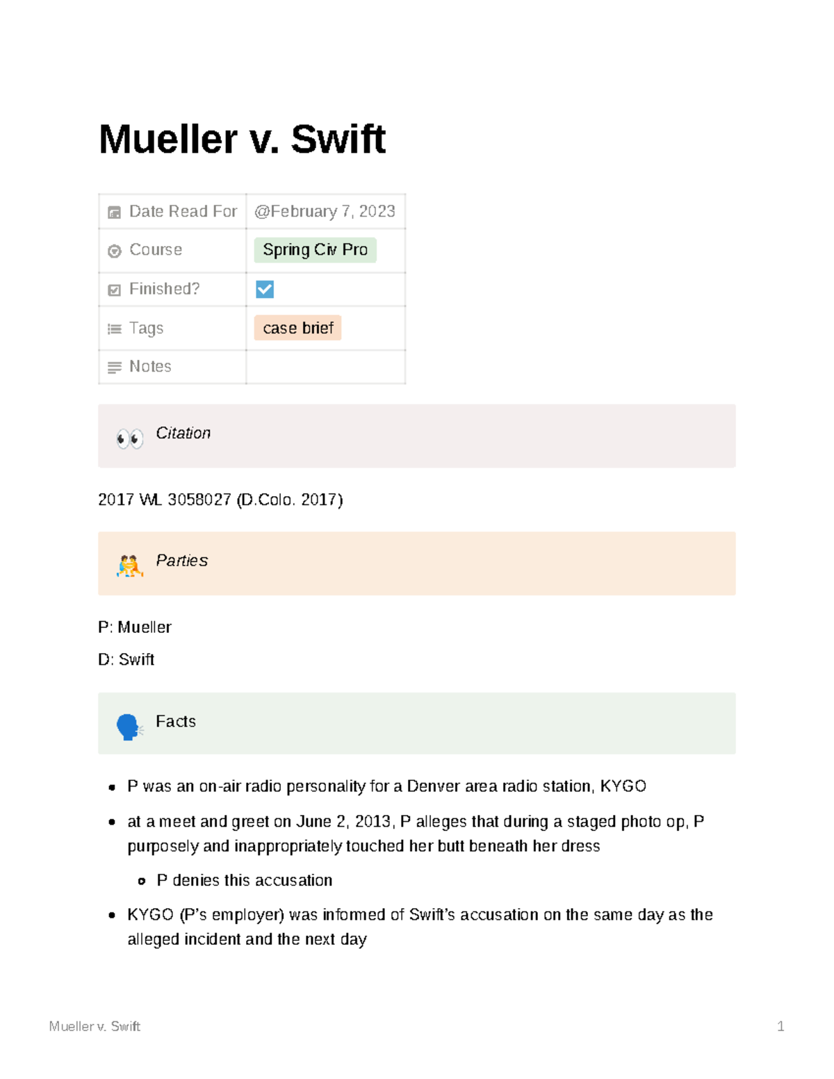 Mueller v. Swift - Mueller v. Swift Date Read For Course Spring Civ Pro ...