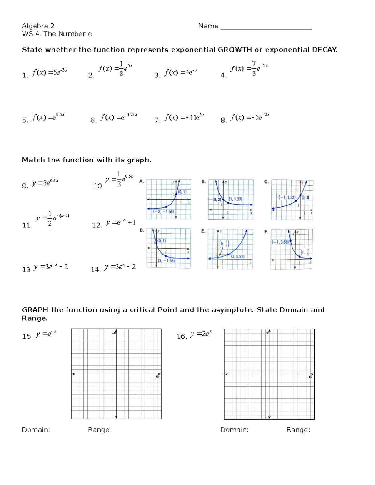 WS 4 The Number e (Graphs) - Algebra 2 Name ...