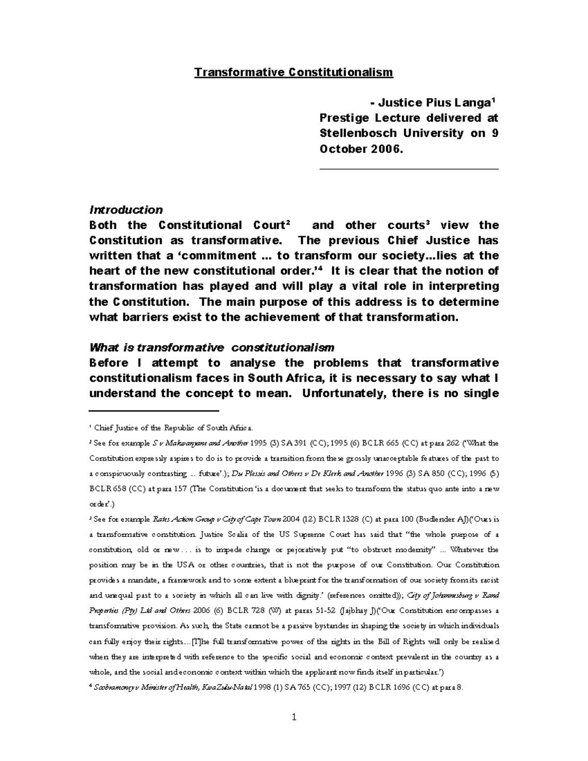 PLS1502 Notes 1 - Transformative Constitutionalism Justice Pius Langa 1 ...