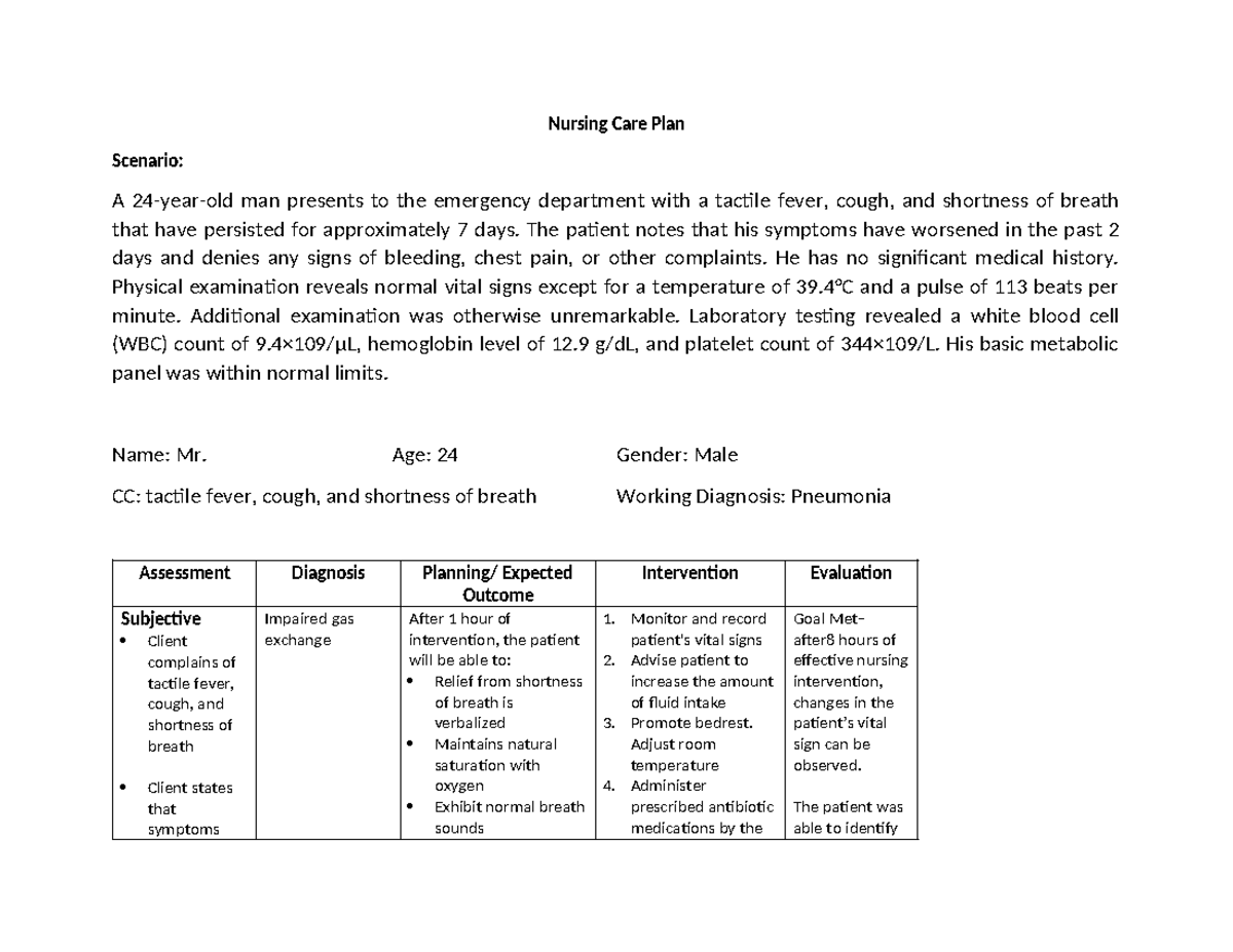 NCP - writing NCP as early as first year - Nursing Care Plan Scenario ...